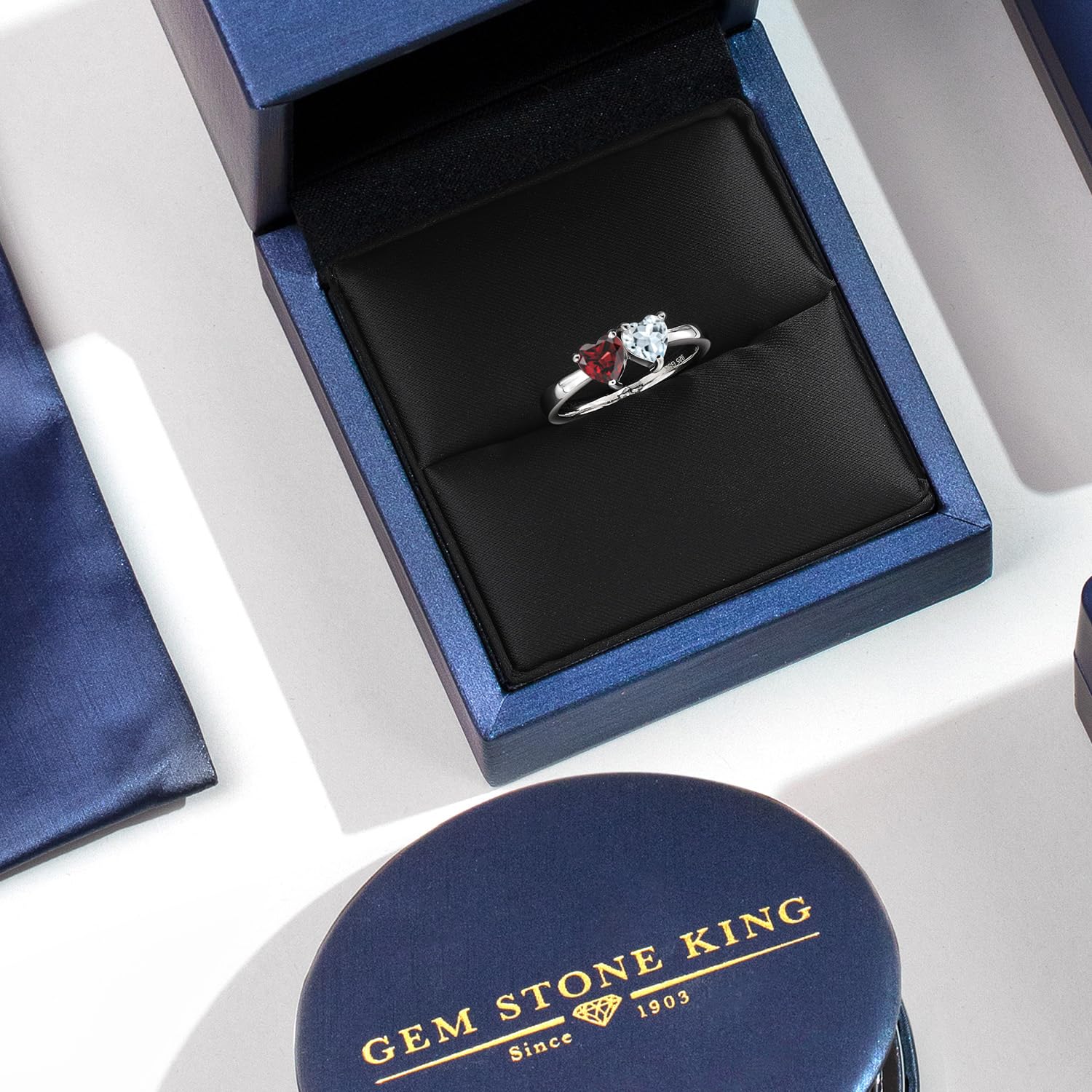Gem Stone King 925 Sterling Silver Red Garnet and Sky Blue Aquamarine Ring For Women (1.02 Cttw, Heart Shape 5MM, Available in size 5, 6, 7, 8, 9)