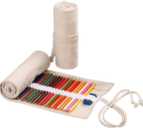 Jowxsx White Large Capacity Pen Curtain Canvas Roll Up Pencil Case 36 Slots Pencil Bag Pencils Case Wrap Roll Holder for Coloring Pencil Natural Color Pen, Pencil and Marker Cases