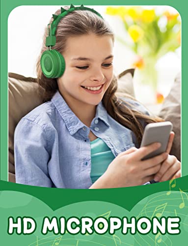 SIMJAR Kids Bluetooth Headphones with Microphone for School, Dinosaur Over-Ear Kids Wireless Headphones with Volume Limiter 94dB, Foldable Adjustable Headband for iPad/Airplane/Travel/Tablet (Green)
