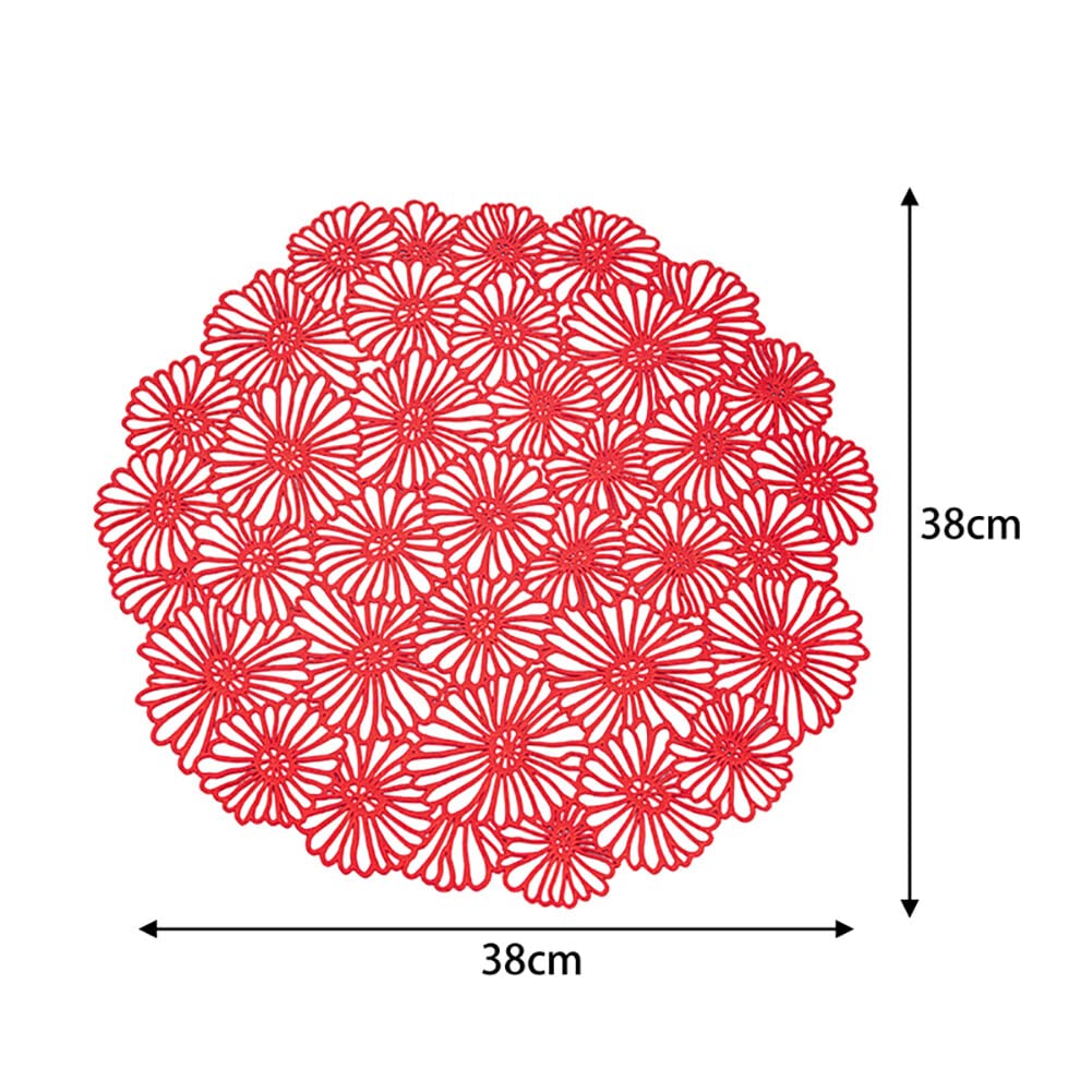 Floral Placemats Wipeable Vinyl Placemats 15 Inch Round Place Mats Farmhouse Kitchen Table Mats Heat Resistant Washable Pressed Vinyl Dining Table Mats Wedding Anniversary Decoration, Red
