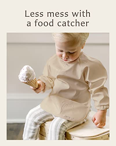 WILLOW + SIM Long Sleeve Baby Bibs - Wipe Clean, Washable with Food Catcher - Long Sleeve Bib for Babies, Toddler - Parchment