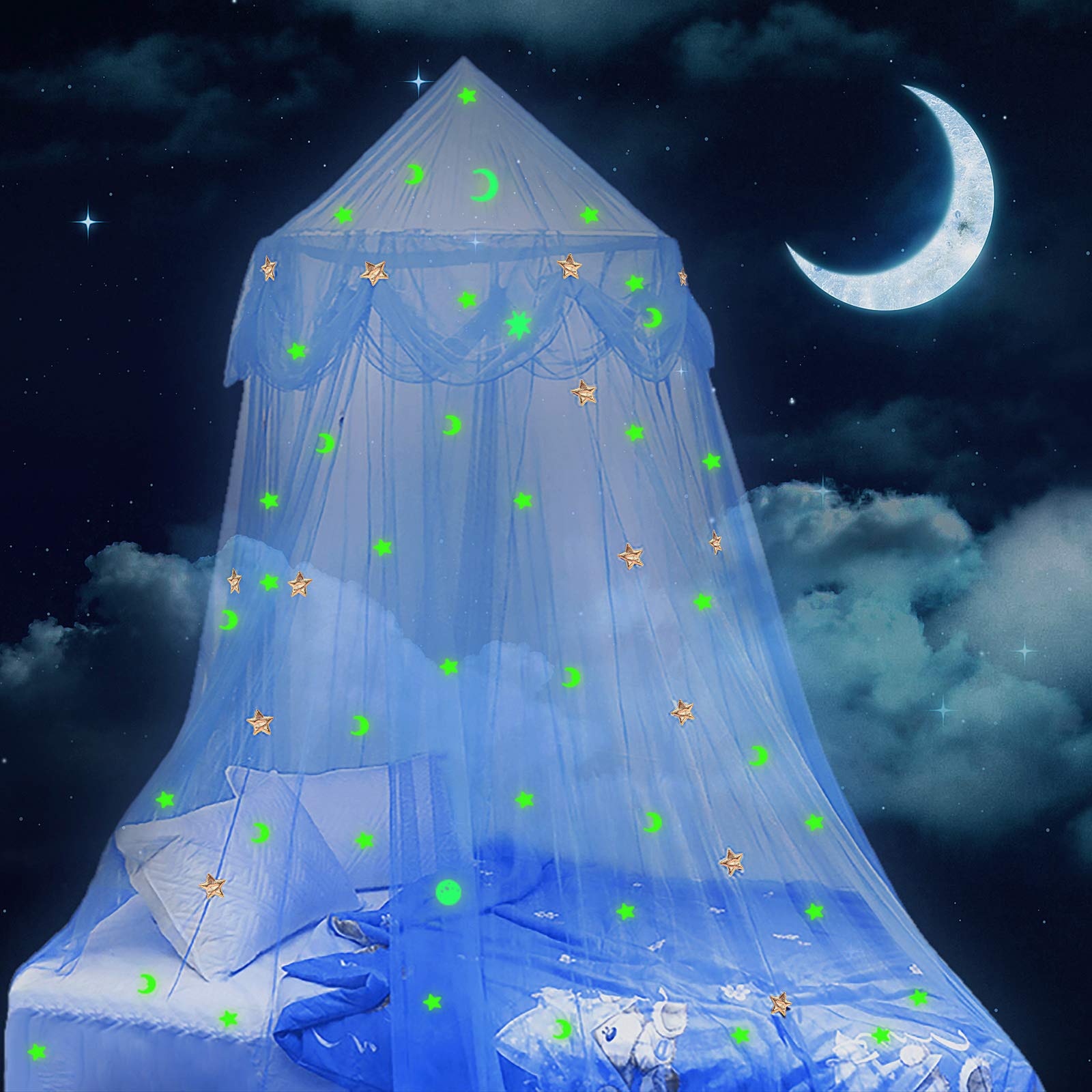 Glamorstar Bed Canopy for Girls Princess Mosquito Net Glow in The Dark Stars and Moon Crib Hanging Tent Bedroom Decor Gift for Kids Pink