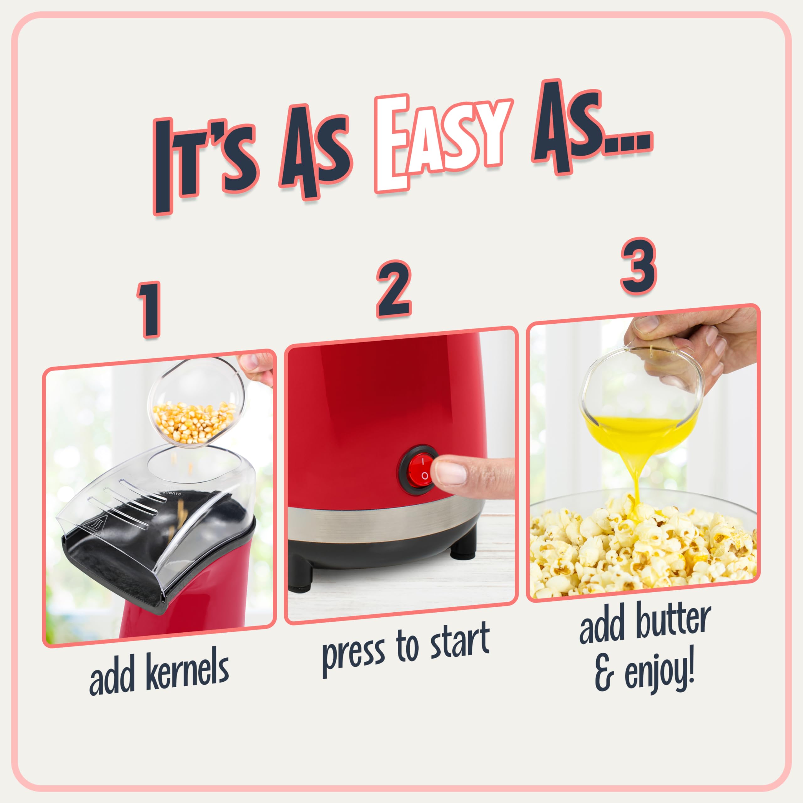 Nostalgia 16 Cup Hot Air Popcorn Maker | Makes Hot, Healthy Popcorn, No Oil Needed | Measuring Cap for Kernels Included | Stainless Steel | Red