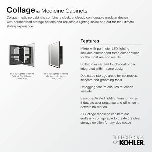 KOHLER K-33690-R-NA Collage Lighted Medicine Cabinet, 24" x 32", Right-hinged, 24 x 32