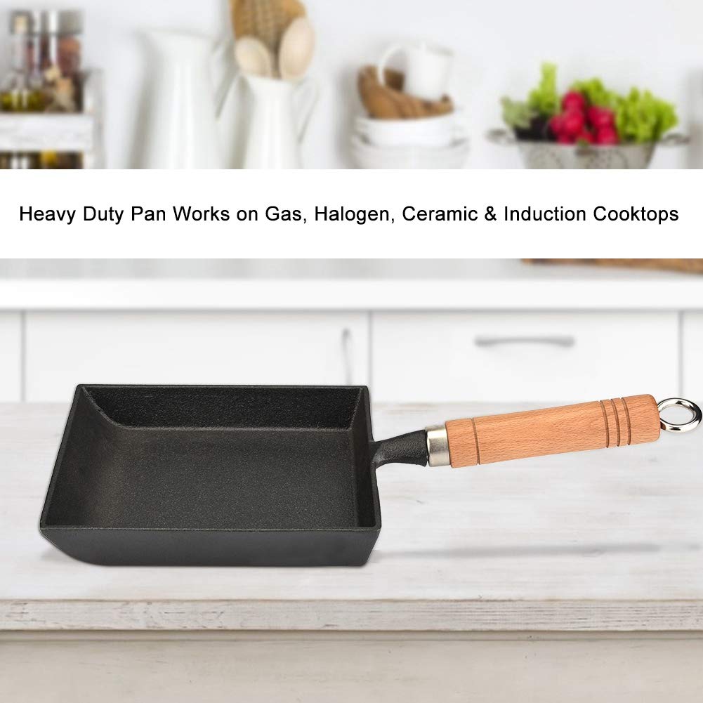 Vikye Tamagoyaki Japanese Omelette Pan/Egg Pan, Mini Frying Pan Iron Omelette Pot Tamagoyaki Wooden Handle Pan Works on Gas, Halogen, Ceramic & Induction Cooktops