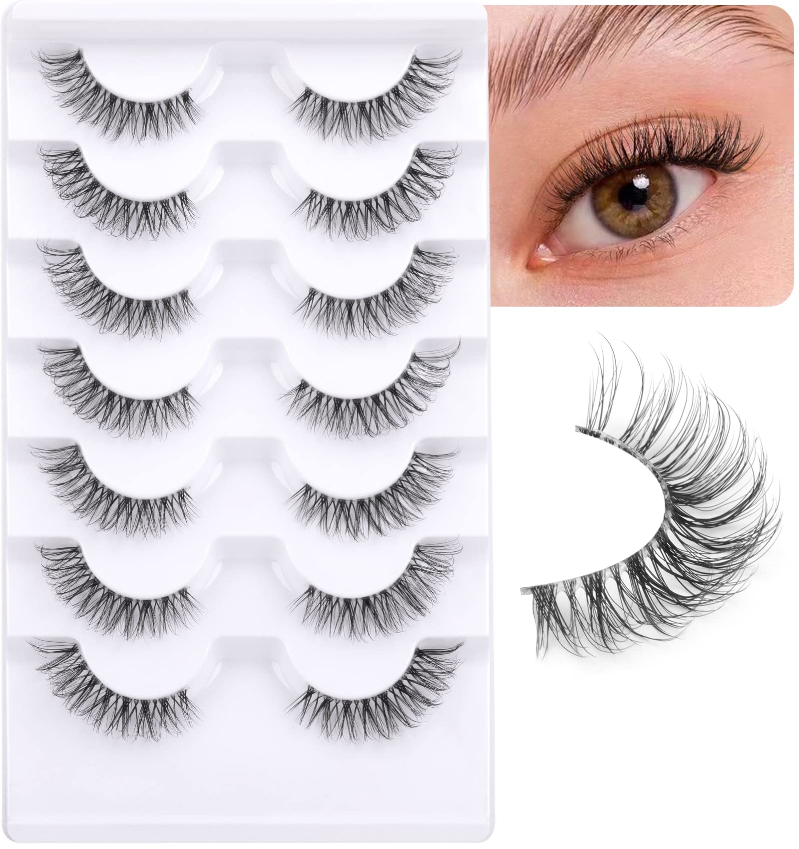 Lashes Natural Look False Eyelashes Wispy Fluffy Strip Fake Eyelashes Short 3/4 Lashes Volume Cat Eye Faux Mink Eye Lashes with Clear Band Pack 7 Pairs ALICROWN