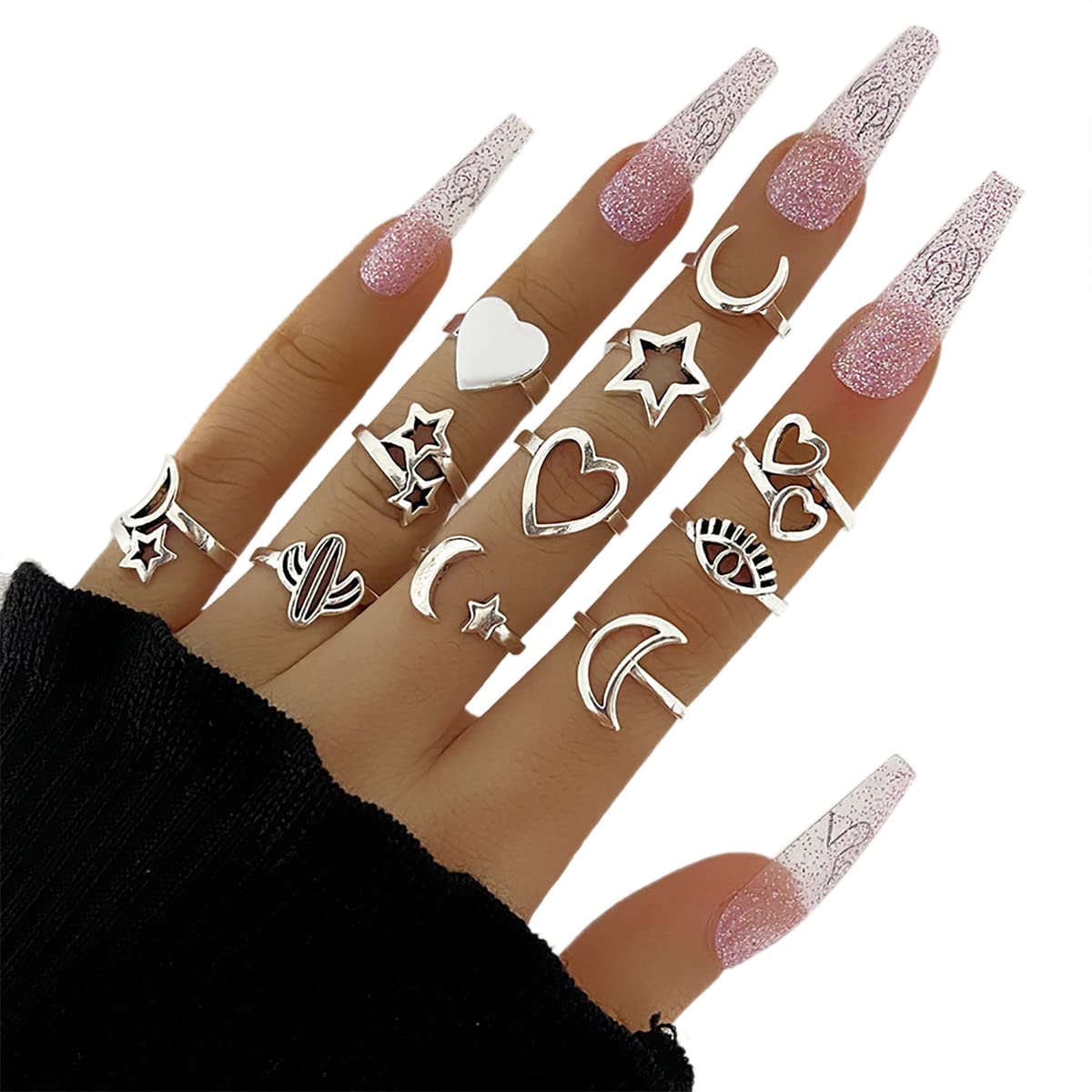 HUJUON 11-14 Pcs Silver Knuckle Stackable Finger Ring,Cute Cat Paw Joint Midi Rings,Hollow Star Moon Rings,Love Heart Cactus Open Ring Jewelry for Women (Silver 11Pcs)