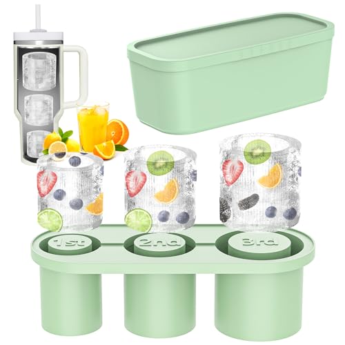 Ice Cube Tray For Stanley Cup 20-40oz,Silicone Hollow Cylinder Ice Mold With Lid And Bin for Tumbler,Ice Maker Freezer Accessories For Chilling Cocktails,Whiskey,Drinks,BPA Free (1Pack, Green)