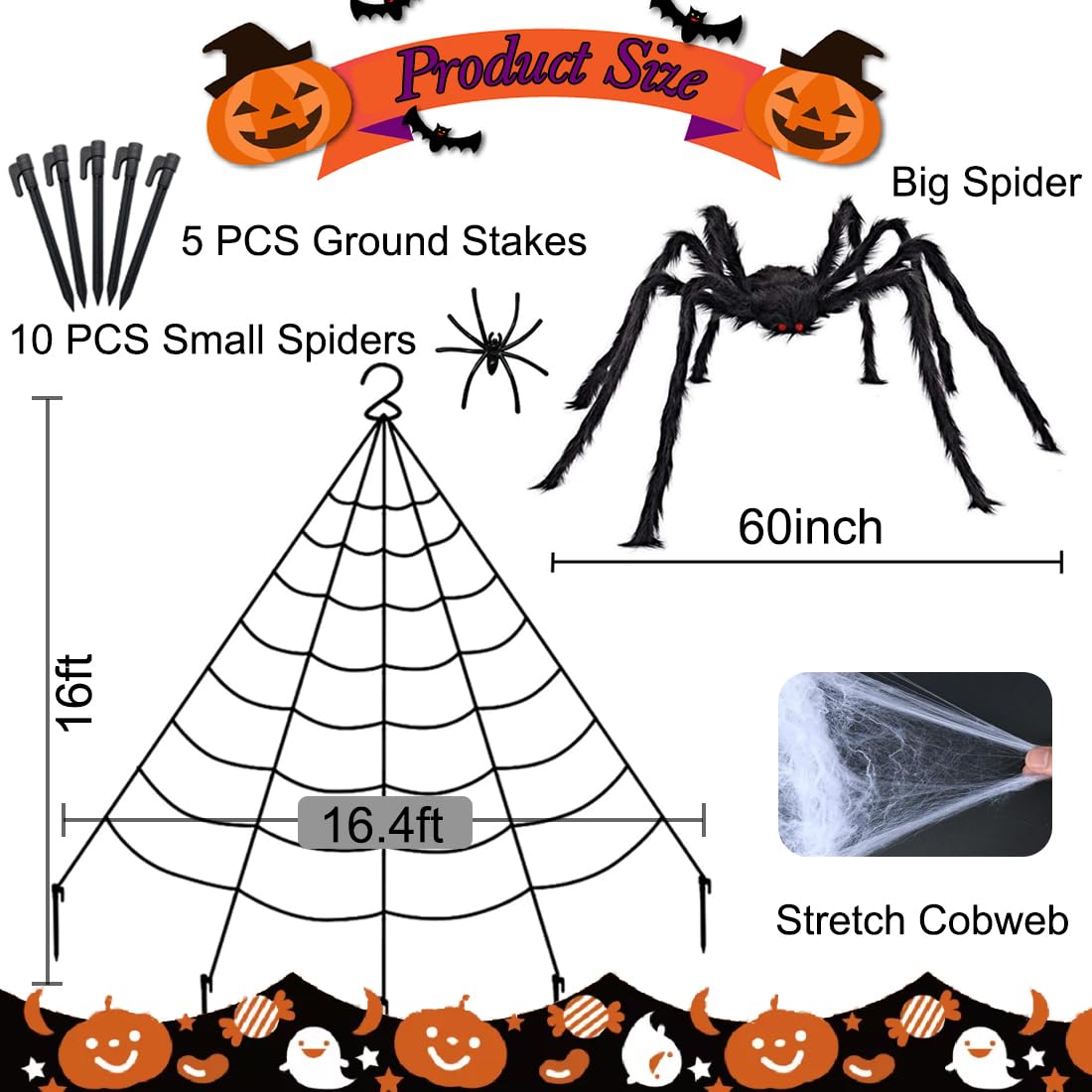Flyowl Spider Web Halloween Decorations,236" Spider Web+ 50" Giant Spider Decorations Fake Spider with Triangular Huge Spider Web for Indoor Outdoor Halloween Decorations Yard Home Haunted House Decor