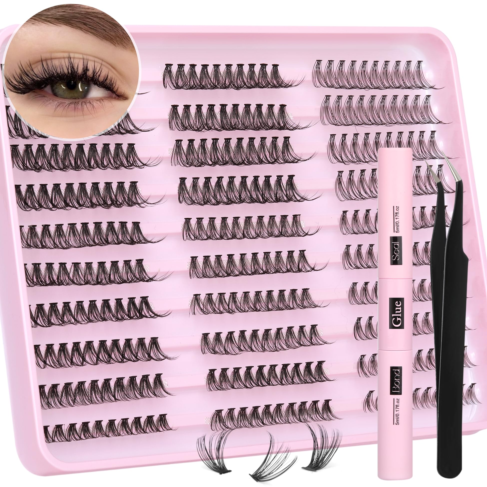 Eyelash Extensions Kit 300 Pcs Lash Clusters Individual Lashes with Strong Hold Lash Bond and Seal and Cluster Eyelashes Applicator Tool (20D/30D/40D)