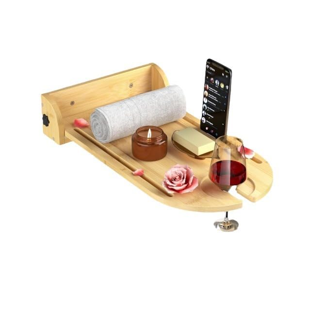 Luxury Bathtub Caddy Tray, Wall Mounted Bathtub Tray Table, Bamboo Bath Tray Caddy for Tub Against Wall, Gift for House Warming New Home Anniversary Wedding(Natural)