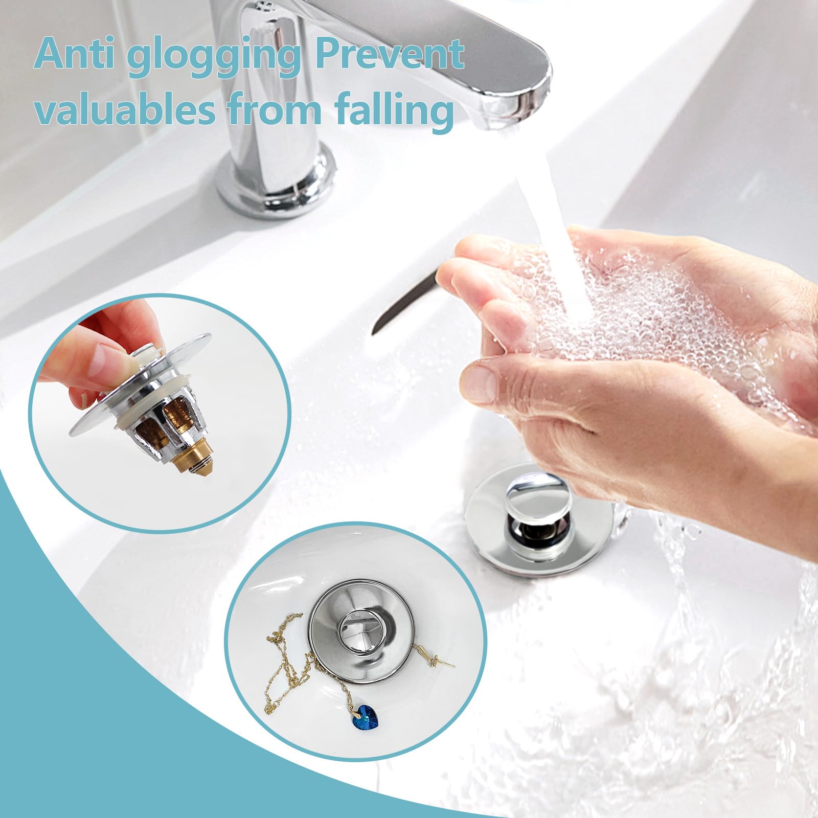 MEIUOAE Bathroom Sink Stopper,pop up Sink Drain Stopper,Bounce Washbasin Sink Stopper, for 1.1~1.5 in Drain Holes, Wash Basin Drain Filter ,Bathroom Sink Drain Stopper (Silver)
