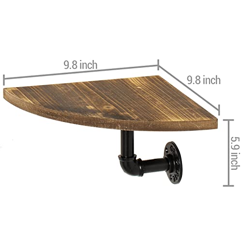 MyGift Wall Mounted Floating Corner Shelves, Rustic Burnt Solid Wood Rounded Corner Shelf with Black Metal Pipe Mounting Brackets, Set of 3