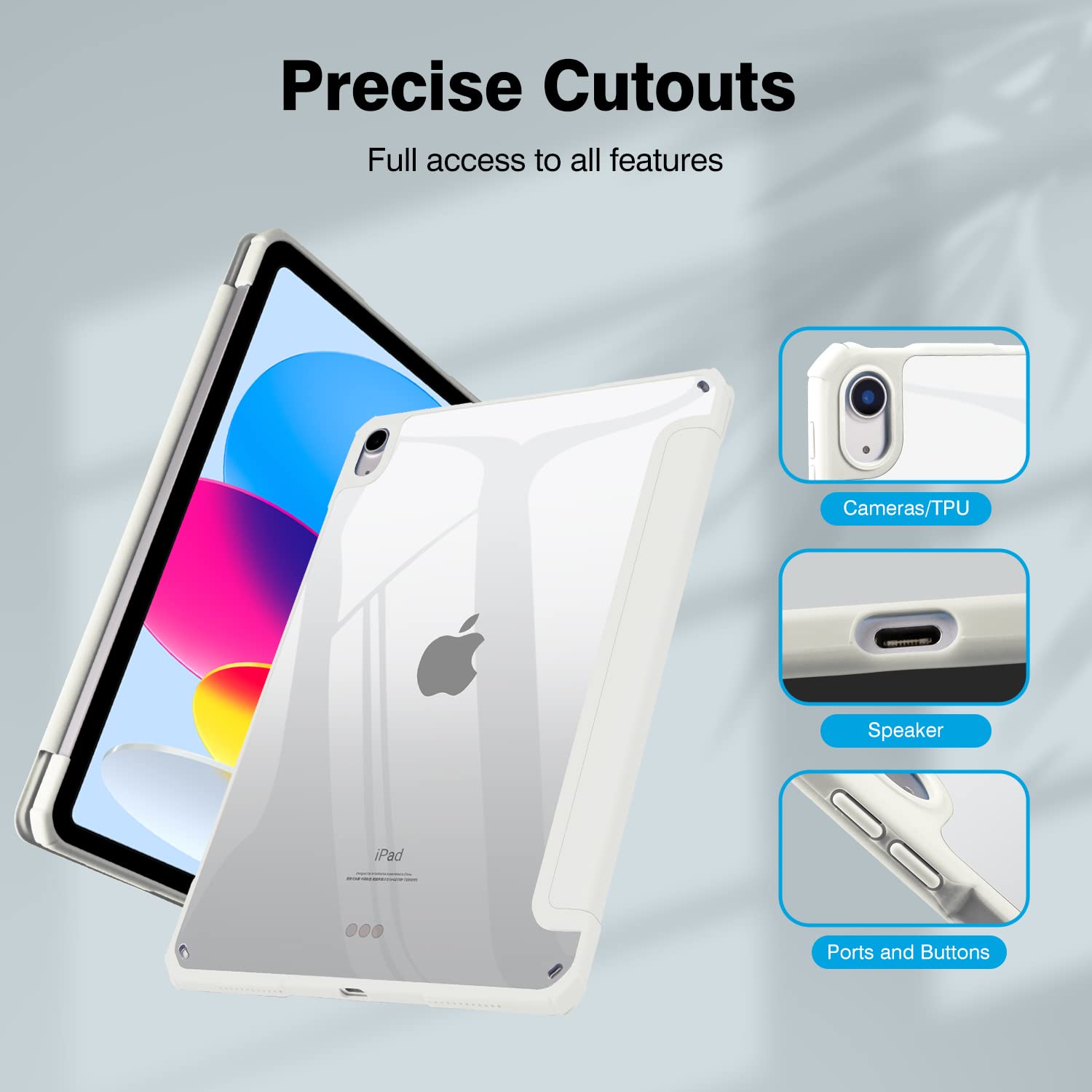iPad 10th Generation Case 2022, 10.9 Inch Ipad Case with Clear Transparent Back Shell, Acrylic Shockproof Hard Protective Cover, Auto Sleep/Wake, Trifold Stand (White)