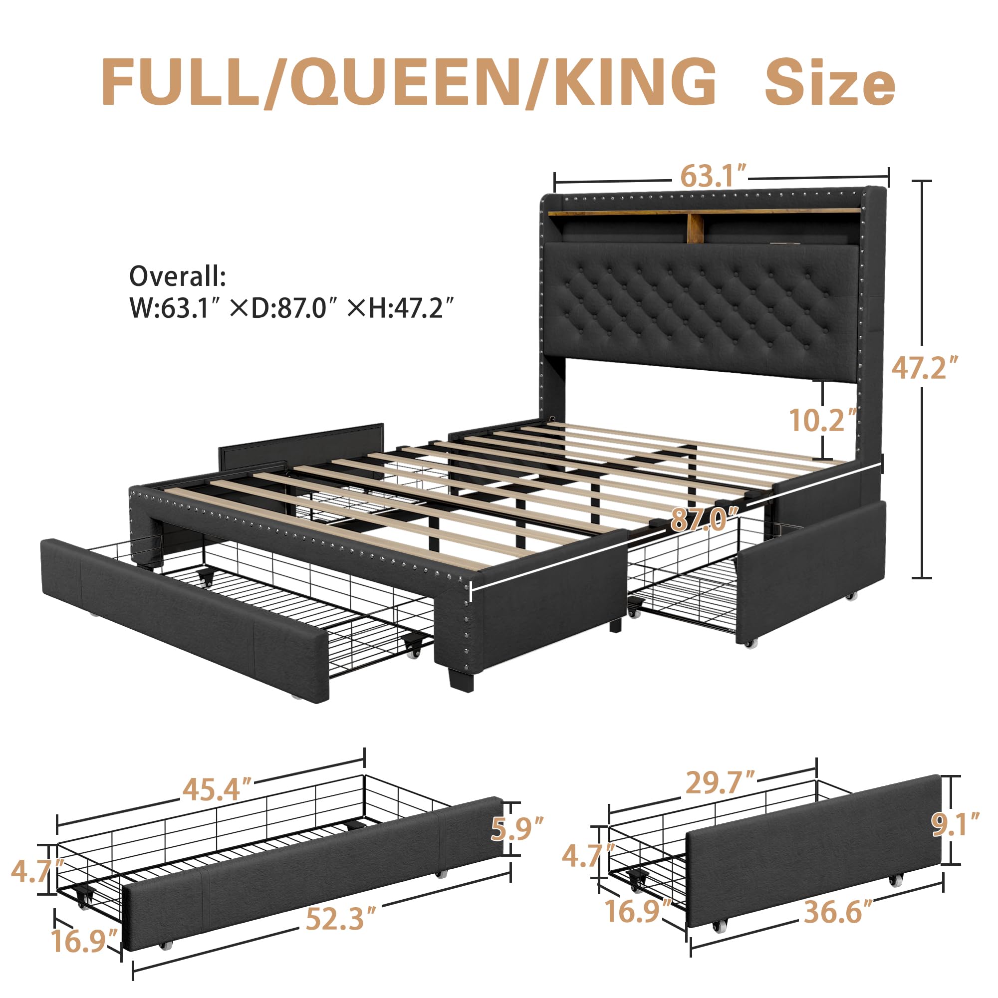 Neoriver Queen Size Bed Frame with 3 Drawers, 2-Tier Storage Headbord, Bed Frame with Storage, LED Lights and Charging Station, Upholstered Platform Bed Frame, Wood Slats Support (White, Queen)