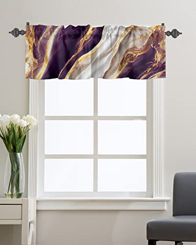 Window Curtain Valances for Kitchen Windows,Purple Gold White Marble Texture Rod Pocket Short Window Valance Natural Cracks Granite Stone Cafe Treatment Valance for Living Room/Bathroom/Bedroom