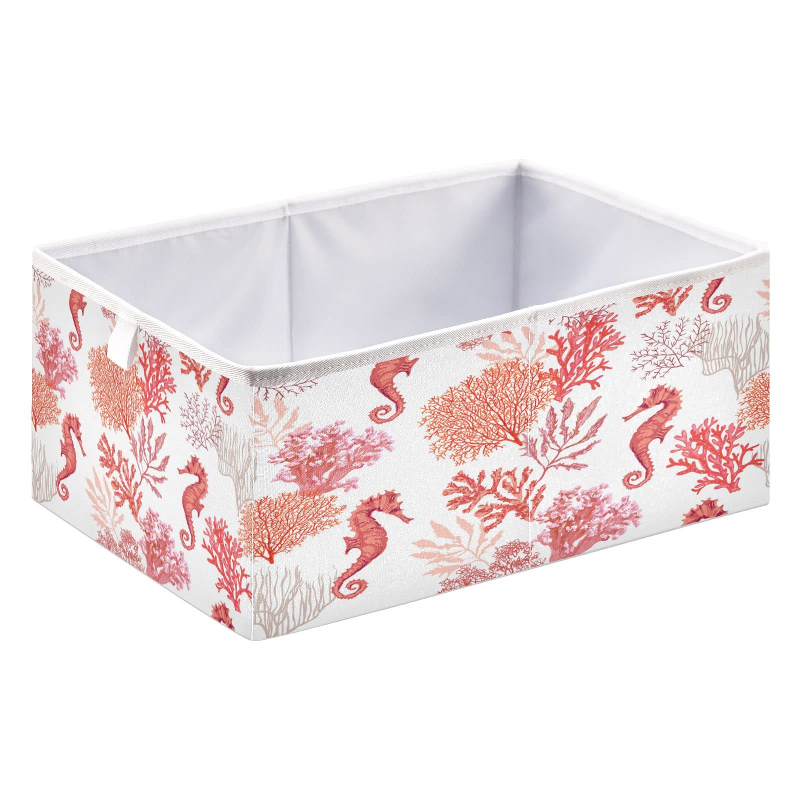 Kigai Coral Seahorse Storage Bins Rectangular Foldable Storage Baskets Bin Waterproof Home Organizer with Handles Basket for Toy Nursery Blanket Clothes, 15.8x10.6x7 Inch