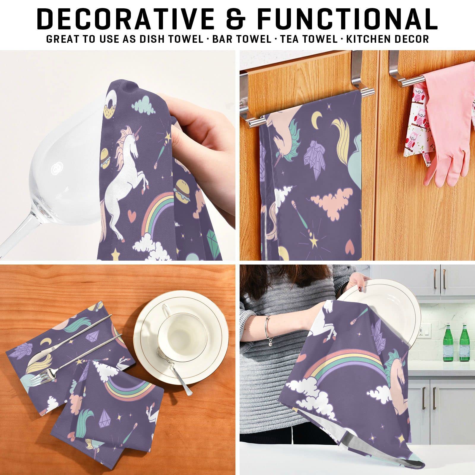 Kigai 1 Pack Rainbow Star Unicorn Kitchen Towels Soft Highly Absorbent Dish Towels Reusable Tea Towels Set 28 x 18 Inch