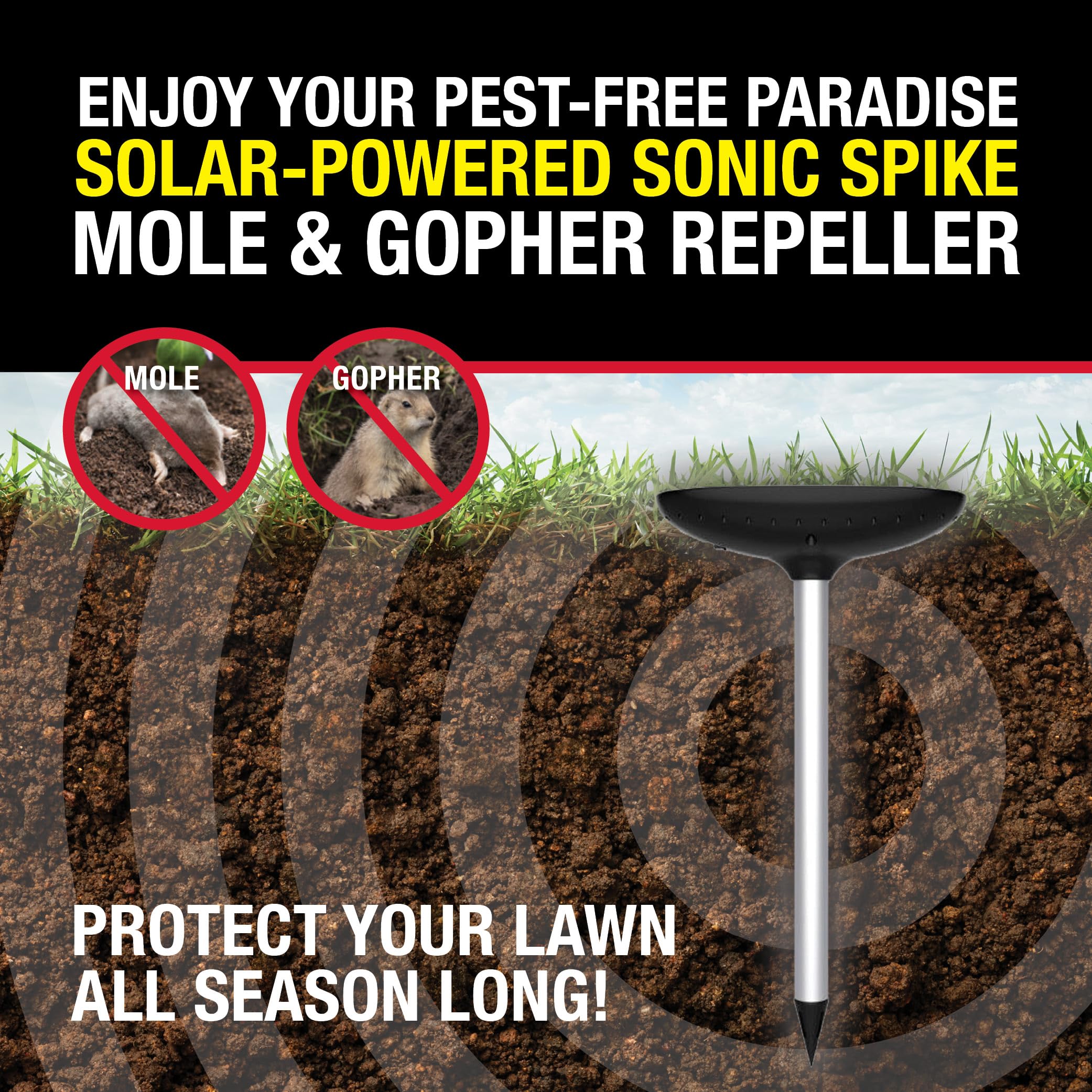 The Giant Destroyer Sonic Spike Mole & Gopher Repeller - Solar Powered Ultrasonic Animal Repellent Spikes - Repels Rodents from Lawn, Garden, & Home (1 Pack)
