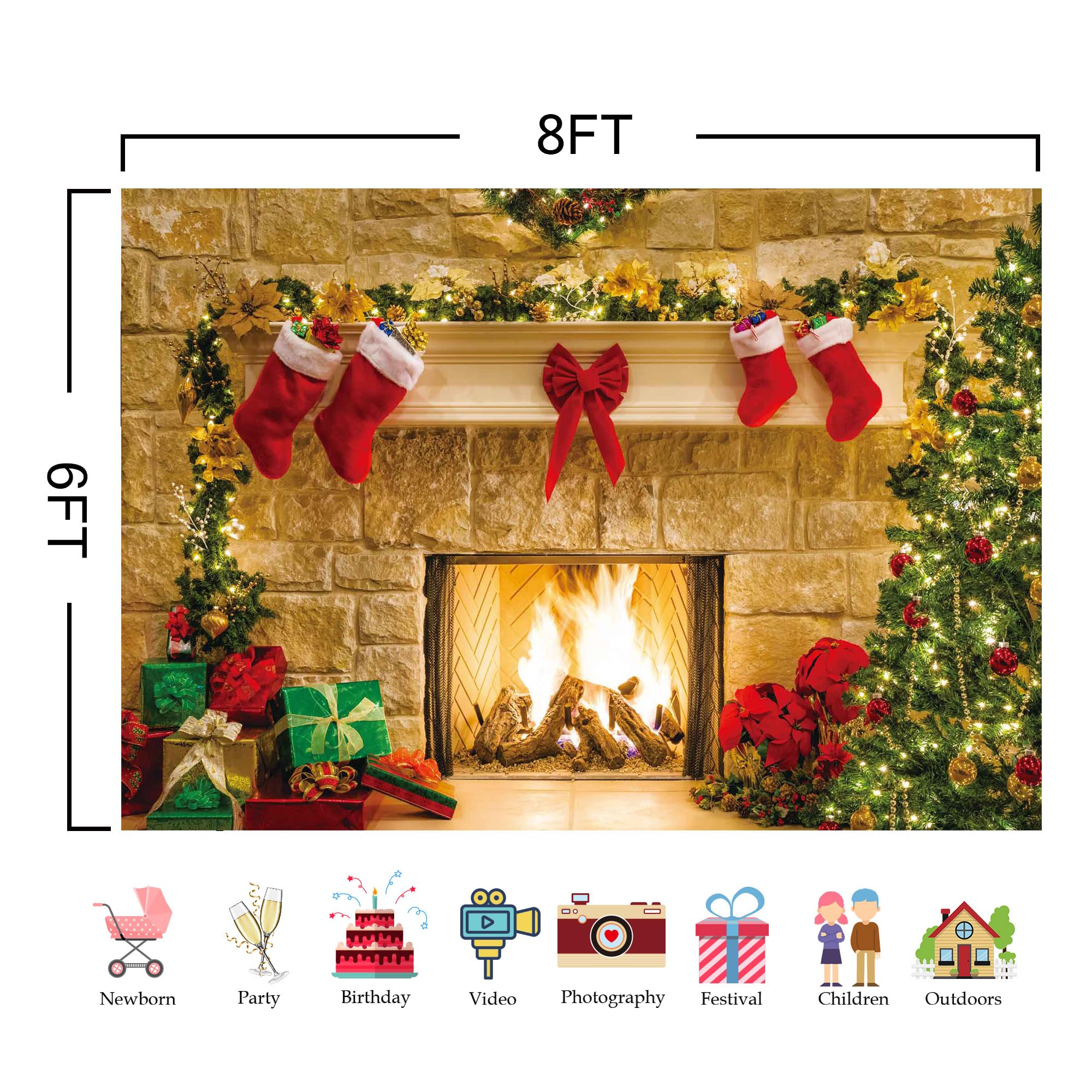 Haboke 8x6ft Christmas Fireplace Theme Backdrop for Photography Tree Sock Gift Decorations for Xmas Party Supplies Photo Background Pictures Banner Studio Decor Booth Props