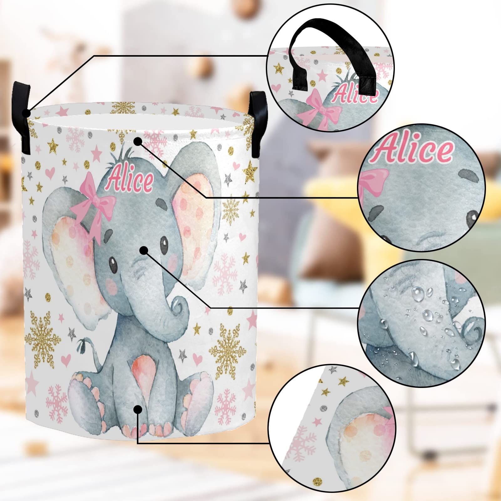 Laundry Basket Customized Name Organizer Storage Round Baskets Foldable Laundry Hamper with Handle for Nursery Bedroom Decor(Gold Snowflake Cute Elephant)