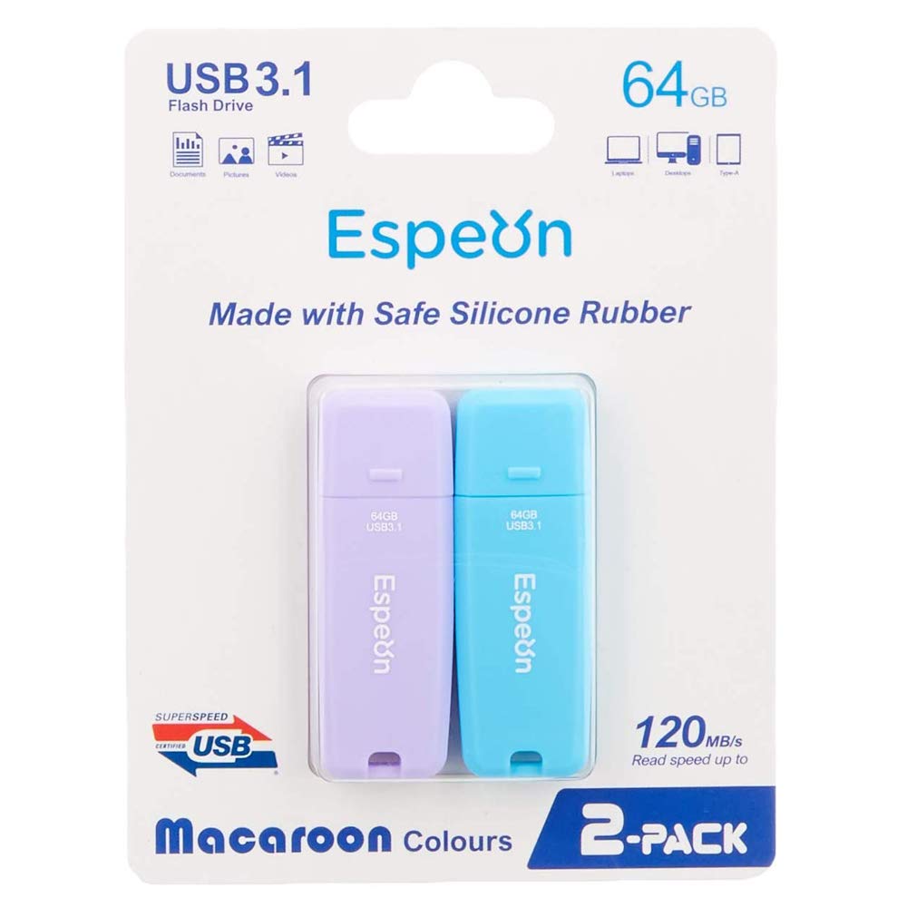 Espeon 2-Pack 64GB USB 3.1 Flash Drive, Macaroon Colors - Light Blue, Light Violet - ESP64G2PKM