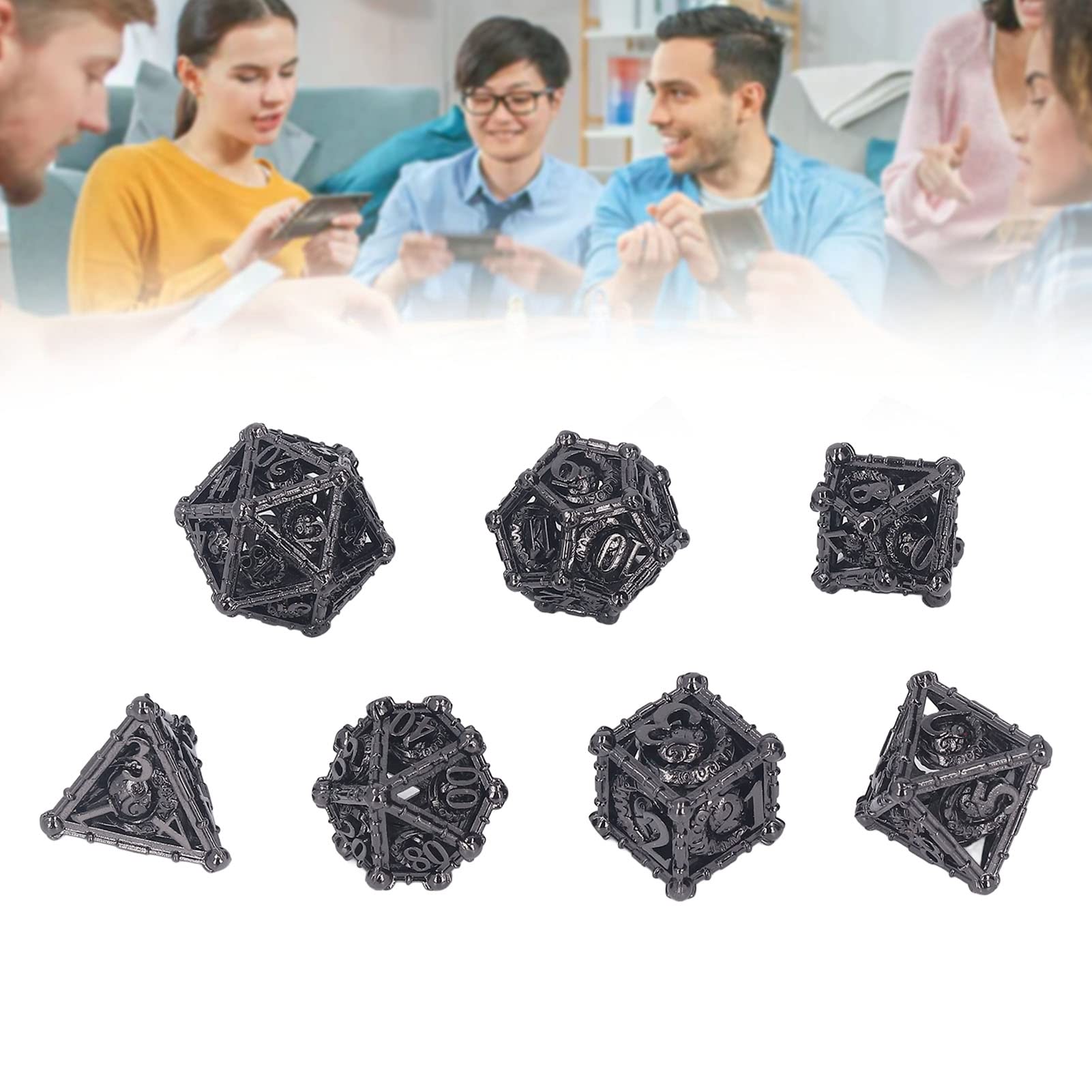 Keenso 7pcs Hollow Polyhedral Dice Set Brass Adult Christmas Party Board Game Dice Props for Role Playing Game