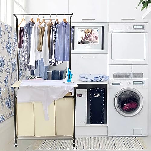 MYOYAY 3 Section Laundry Sorter with Garment Hanging Bar Rack Foldable Ironing Board, Laundry Basket Organizer Heavy Duty Laundry Hamper Rolling Cart with Lockable Wheels and 3 Removable Bags