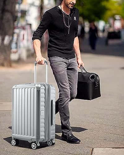 LUGGEX PC 28 Inch Luggage with Spinner Wheels - Hardside Expandable Large Checked Luggage - 4 Metal Corner Hassle-Free Travel (Silver Suitcase)
