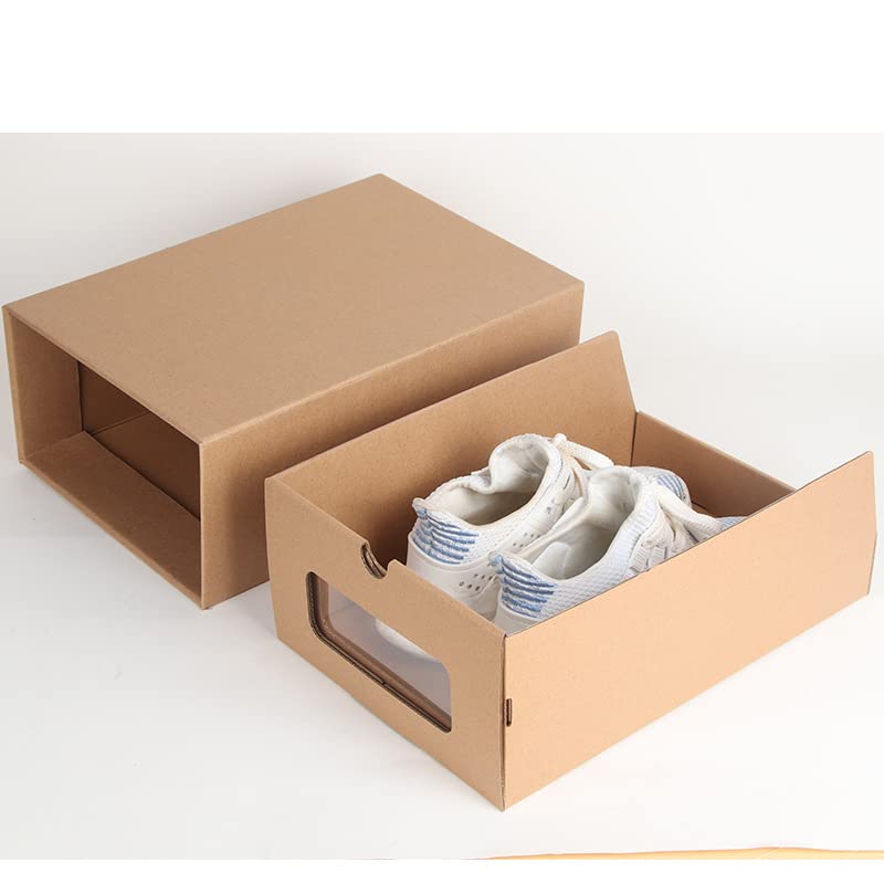 MYOYAY Shoe Box (20PCS) with Transparent Window, Waterproof Stackable Cardboard Storage Boxes, Heavy Duty Kraft Drawer Box for Shoes Sneaker Wardrobe Closet Organizer, 13.7 x 9 x5.3