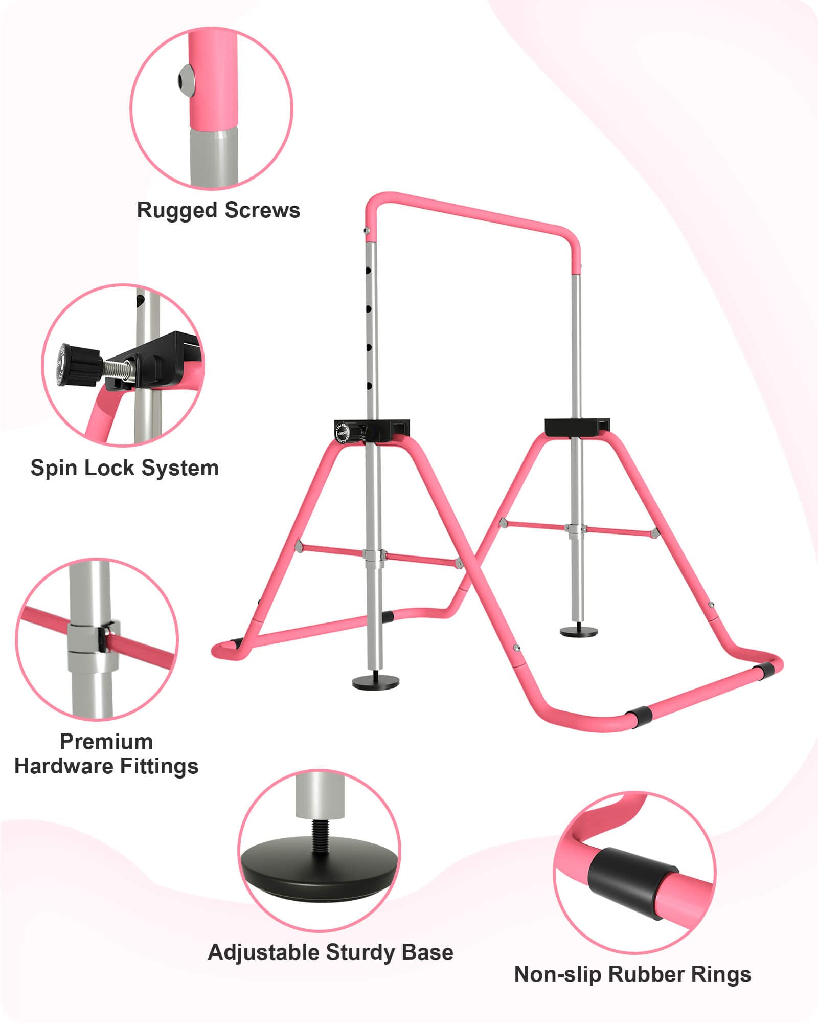 GVOLO Gymnastics Bars Kids Expandable Training Bar Adjustable Height Folding Horizontal Bars Equipment Junior Training Gymnastics Bars for Home, Pink