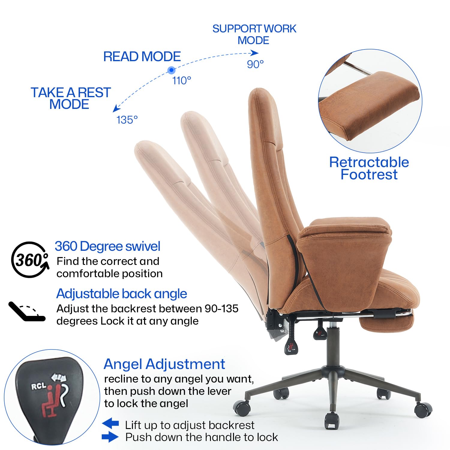 Tall Home Office Desk Chair with Ottoman, High Back Ergonomic Office Chair with Arms, Height Adjustable Swivel Modern Task Chair, Executive Desk Chair, Computer Chair for Living Room(Coffee)