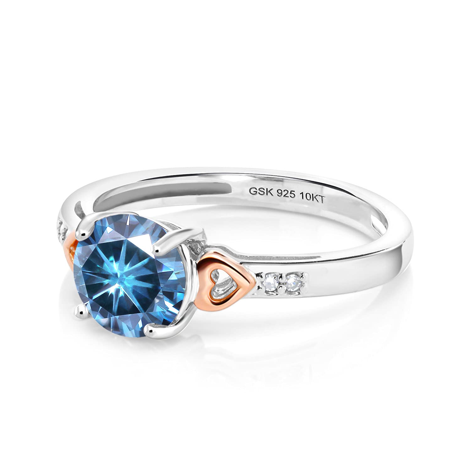 Gem Stone King 925 Silver and 10K Rose Gold Persian Blue Moissanite and White Diamond Solitaire Engagement Ring For Women (1.03 Cttw, Round 6.5MM, Gemstone Birthstone, Size 6)