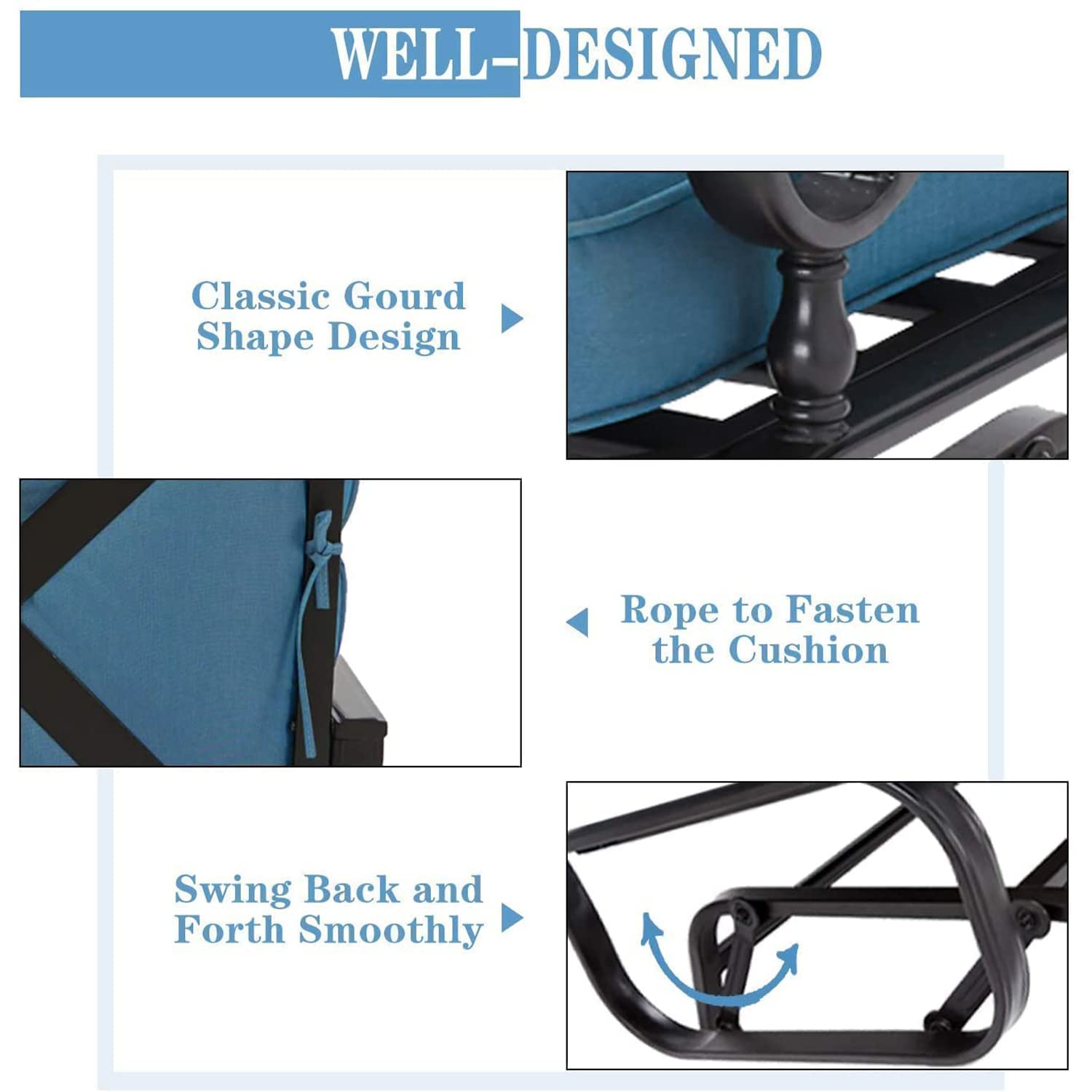 Incbruce 4Pcs Outdoor Metal Furniture Patio Conversation Sets (Glider, Bistro Table, 2 Spring Lounge Chairs) - Wrought Iron Outdoor Glider Chairs Sets (Peacock Blue)