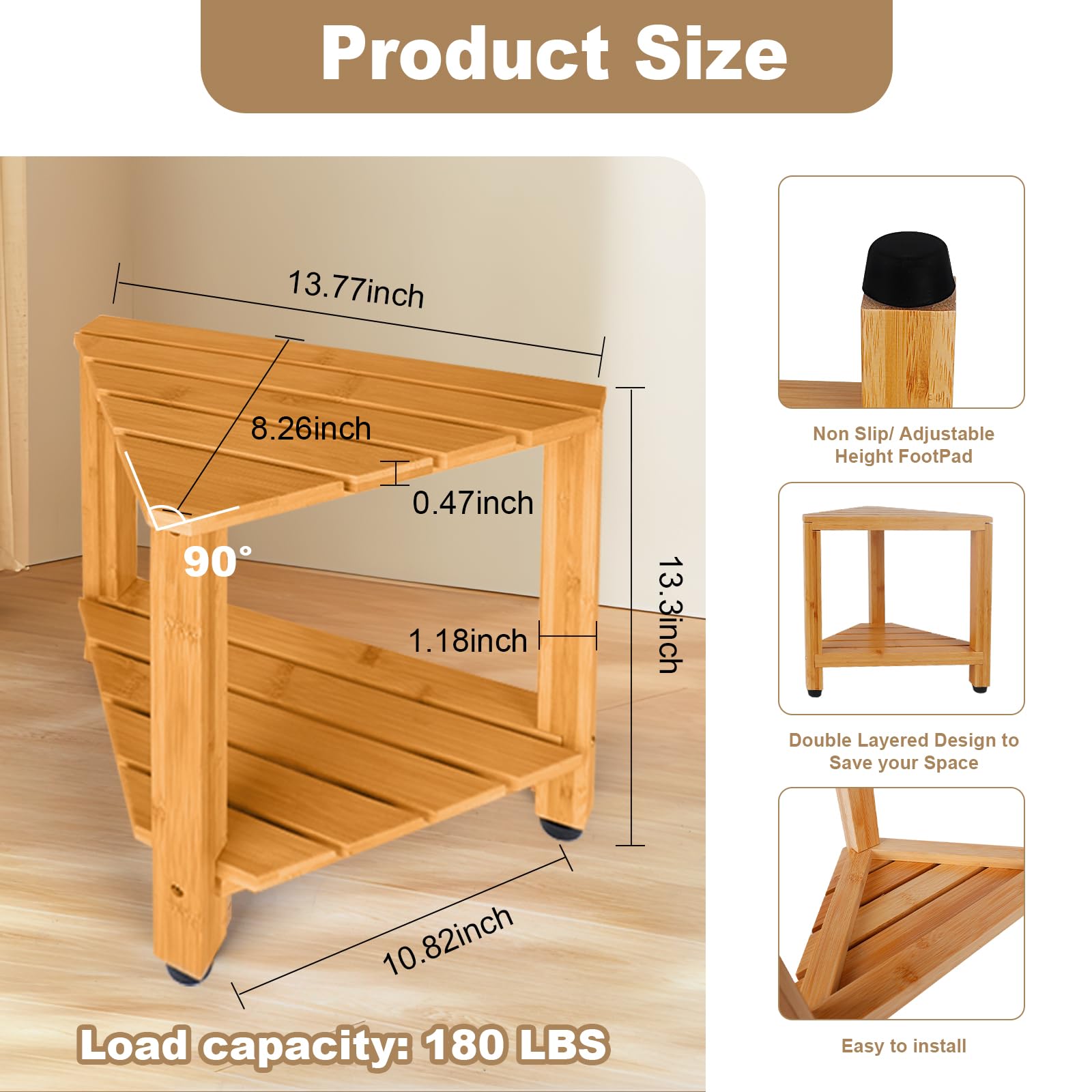 MISSEND Shower Foot Rest 13 in, Wood Shower Stool for Shaving Legs,Corner Bath Shower Bench with Starage Shelf for Inside Small Shower Spaces - Water Resistant