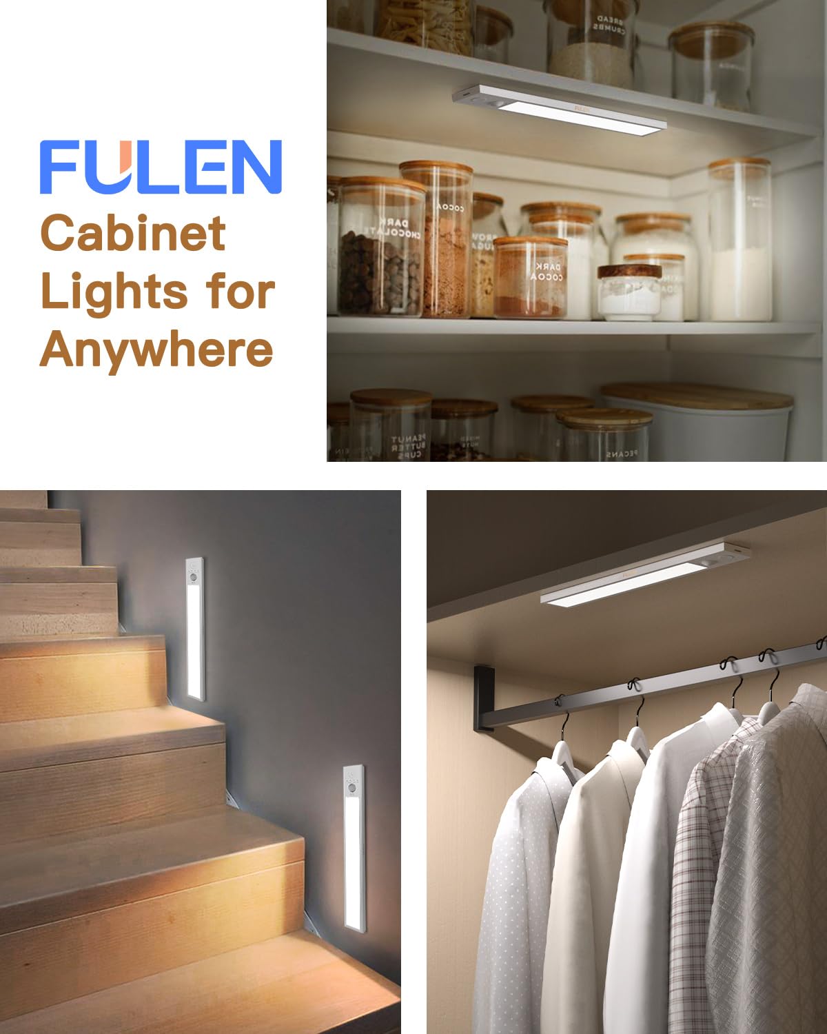 FULEN Closet Lights Motion Sensored, Magnetic Under Cabinet Lighting Wireless, Under Counter Lights for Kitchen, 2500mAh Rechargeable Lights for Home, Stick on Bar Light,2 Pack, White, AL-1