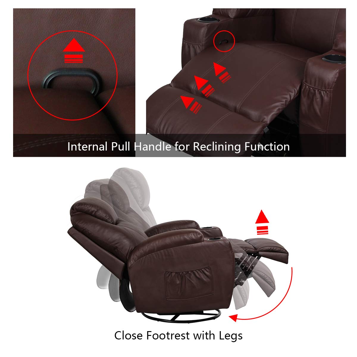 Esright Massage Recliner Chair Heated PU Leather Ergonomic Lounge 360 Degree Swivel, Brown