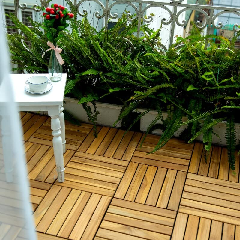 YAMAZING 12βx12β Solid Wood Interlocking Flooring Tiles (Pack of 9), Acacia Hardwood Deck Tiles, Floor Tile for Both Indoor & Outdoor Use, Patio Garden, Waterproof All Weather, 6 Slat (9 Sq Ft)
