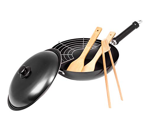 Imperial Home Carbon Steel Wok Frying Pan Set for Stir Fry & Everyday Cooking, Nonstick, Kitchen Cookware with Heat Resistant Handle, For All Stove Types, Includes Lid, Grill, Spatula, Spoon & Tongs