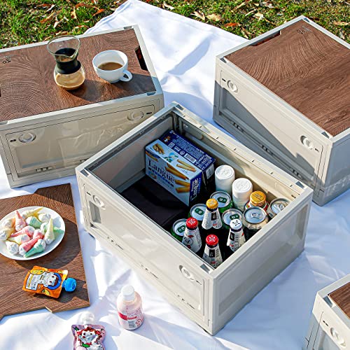 KATEI STORY Collapsible Storage Bin With Wood Lids folding storage box for camping,car storage, home sorting.(Side Opening 42L)