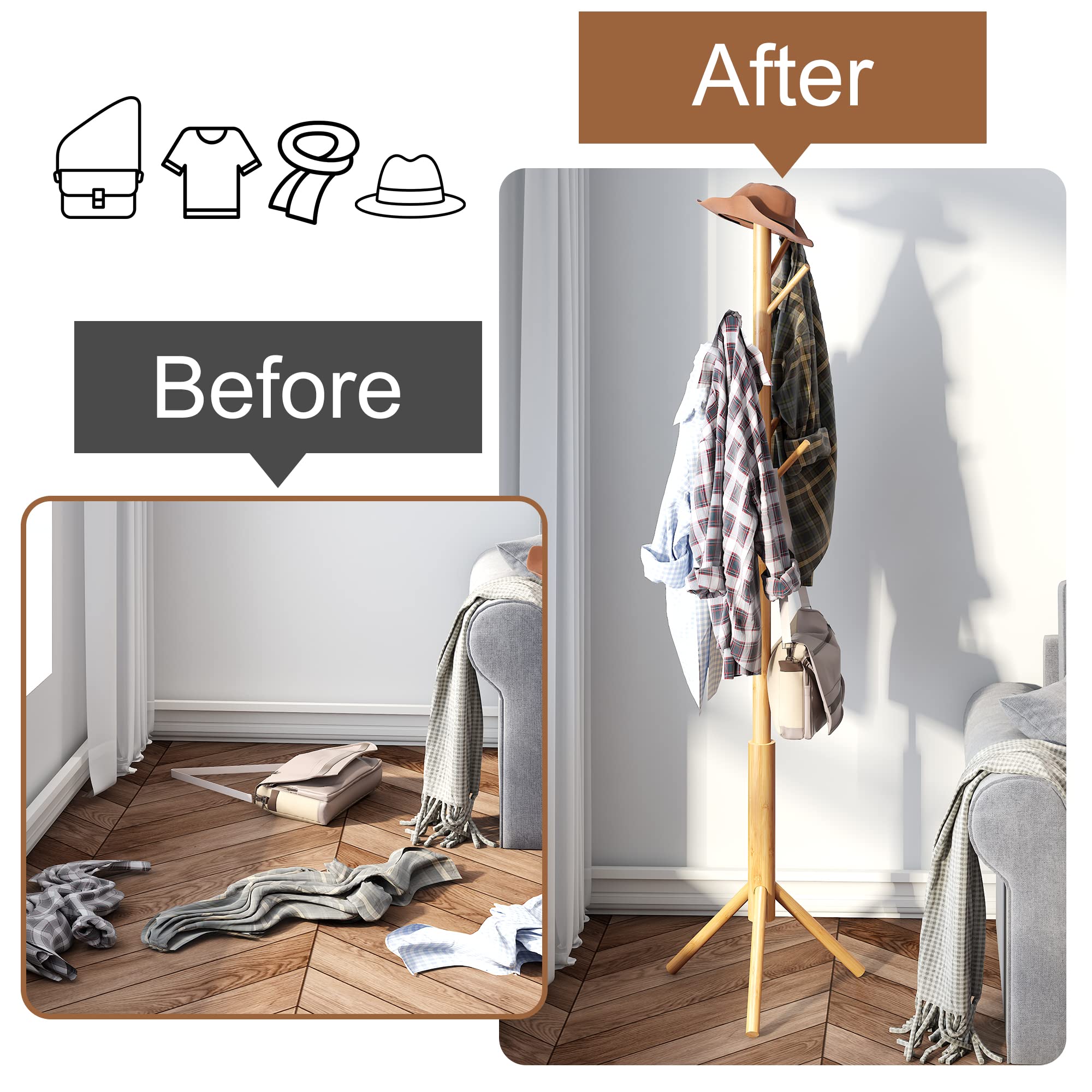 FILWH Bamboo Coat Rack Freestanding Adjustable Coat Tree with 3 Sections & 8 Hooks Easy to Assemble Coat Hanger Stand for Bedroom Office Hallway Entryway Bedroom Coat Rack(Natural)