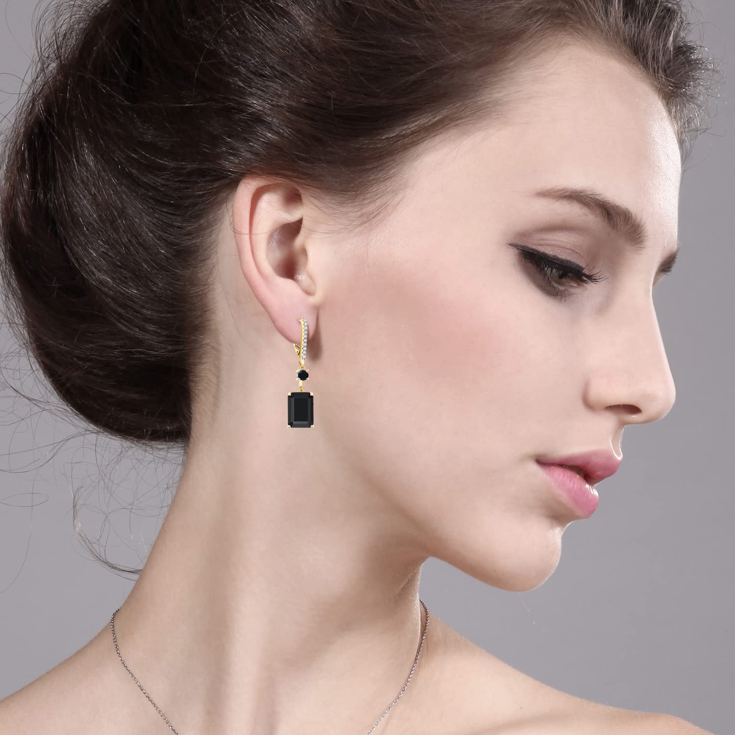 Gem Stone King 18K Yellow Gold Plated Silver Black Onyx Earrings For Women (13.94 Cttw, Gemstone Birthstone, Emerald Cut 14X10MM)