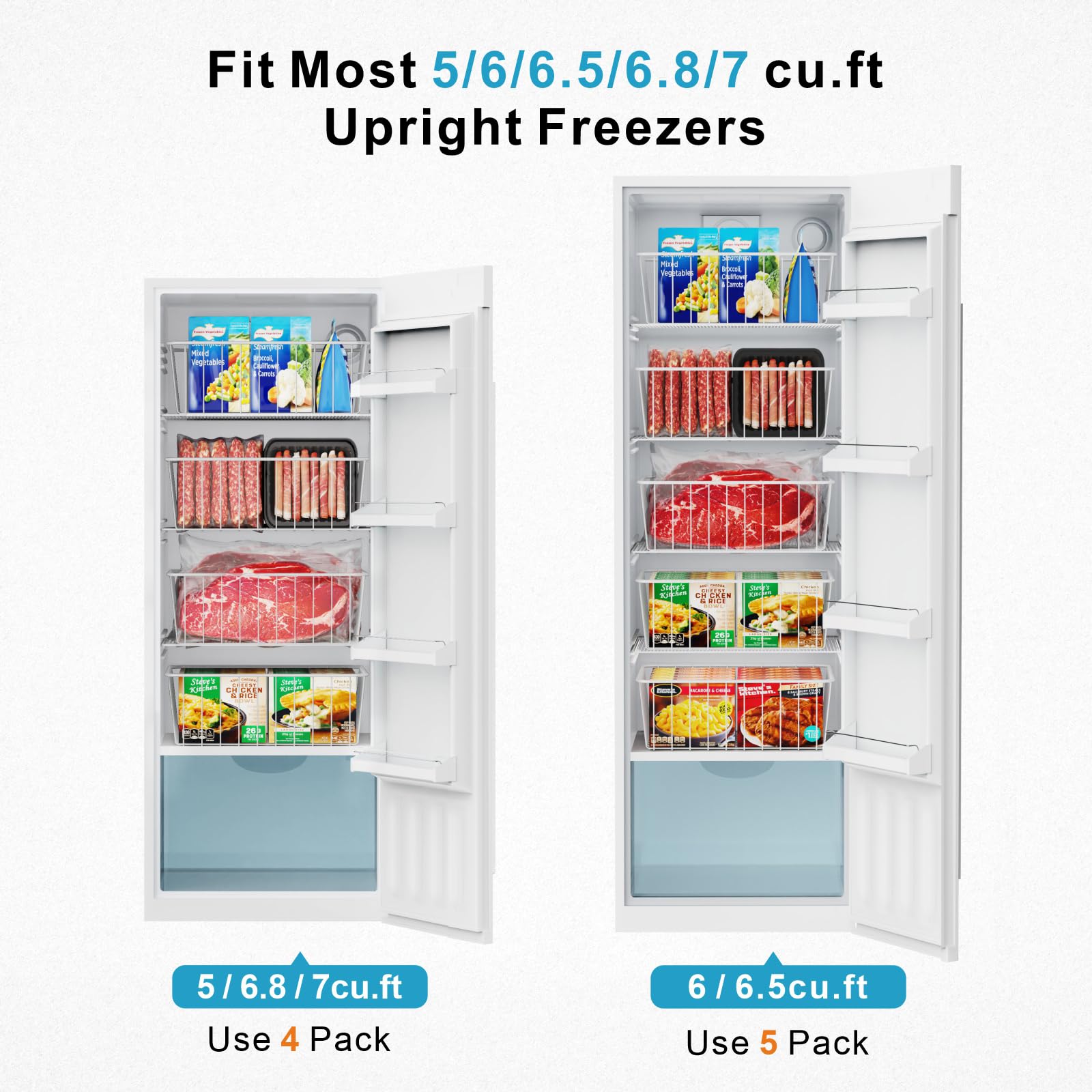 iSPECLE Freezer Organizer Bins - 4 Pack Small Freezer Bin for 5 / 6 / 6.5 / 6.8 / 7 cu.ft Standup Freezer Easy Get, Stop Food Fall out, Freezer Baskets for Upright Freezer Allow Air Circulation, White