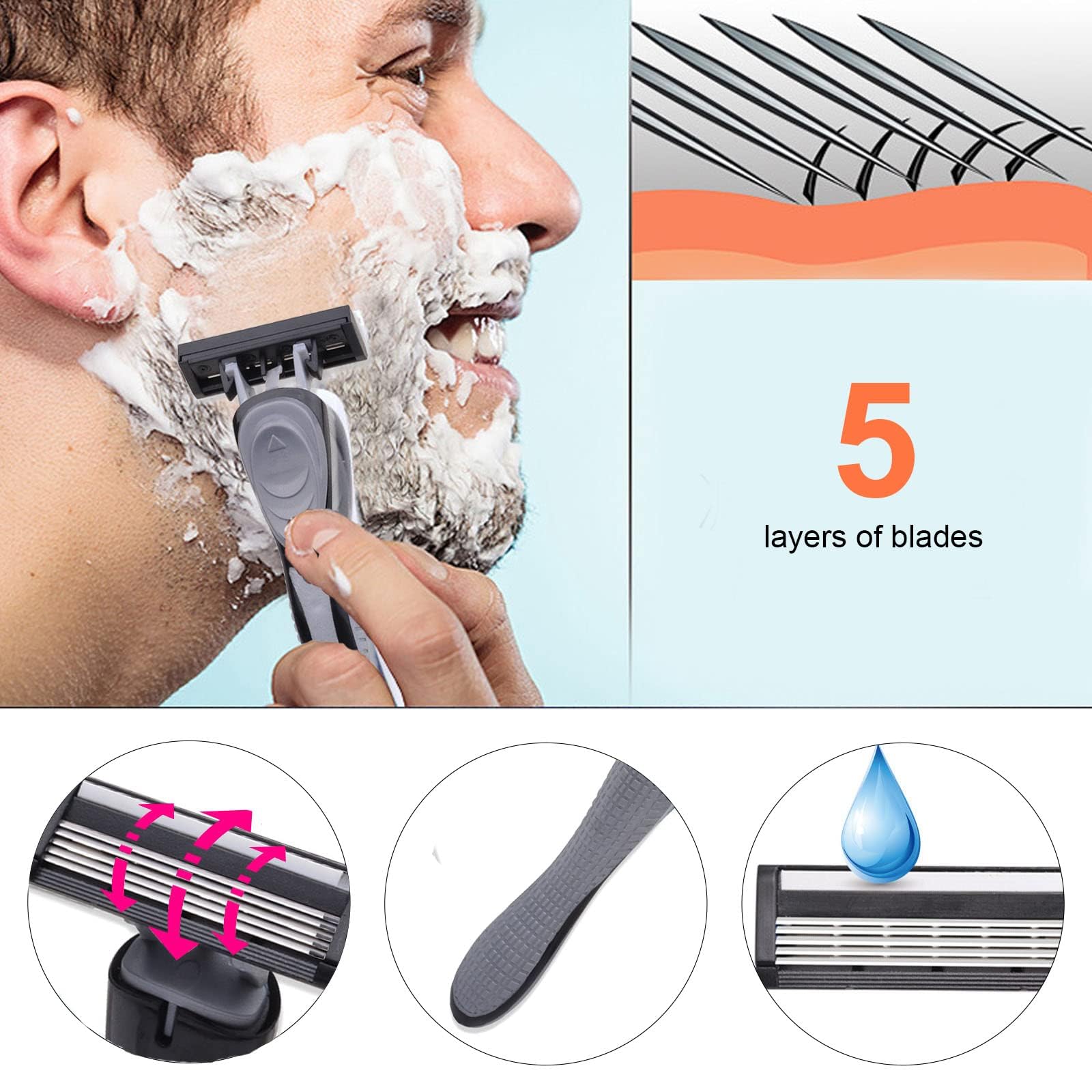 Disposable Razors for Men,5-Blade Shaving Kit for Men Designed for Sensitive Skin,Face Razors for Women includes 8 Razor Blade Refills (Black)