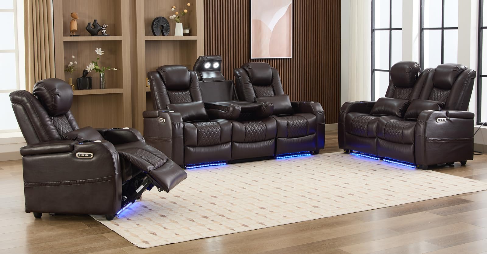Power Recliner Sofa Set with 7 Colors Ambient Lights，Recliner Couches for Living Room Reclining Sofa with Type-C & USB Charge, Air Leather Recliner Sofa LED Couch Living Room Furniture Set (1+2+3)