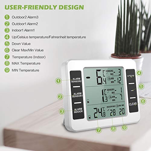 KeeKit Refrigerator Thermometer, Indoor Outdoor Thermometer with 2 Sensors, Wireless Digital Freezer Thermometer with Audible Alarm Temperature Gauge, Min/Max Record for Home, Kitchen β White