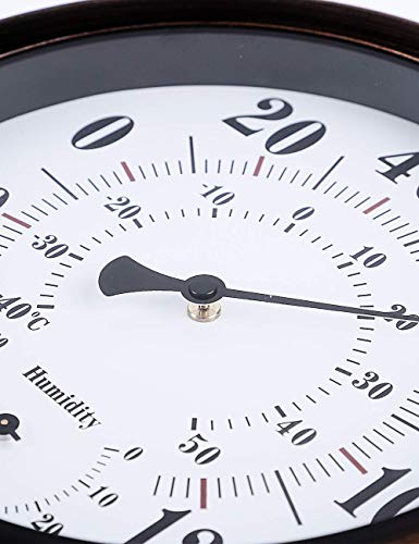 Indoor Outdoor Thermometer - Premium Steel Wall Thermometer Hygrometer for Patio, Wall or Decorative, No Battery Required Hanging Thermometer 8" Round Diameter (Bronze)