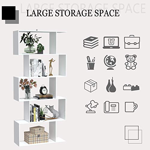 Yusong Bookshelf 5-Tier, Geometric Bookcase S Shaped Book Shelves for Bedroom, Modern Wood Decorative Display Shelf Book Case for Home Office, White