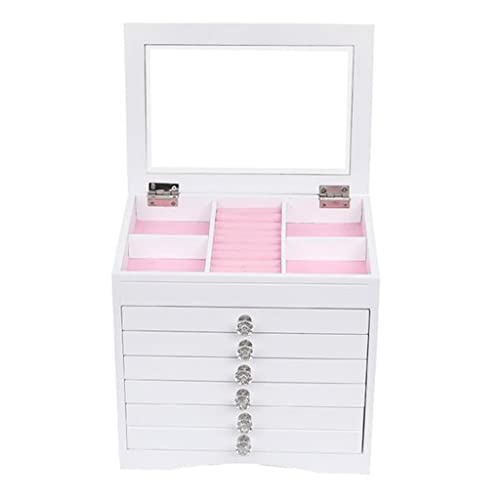 ZSEDP High Large Gloss Wooden Jewellery Box Armoire Bracelet Organizer Storage 5 Layers Glass White US Warehouse