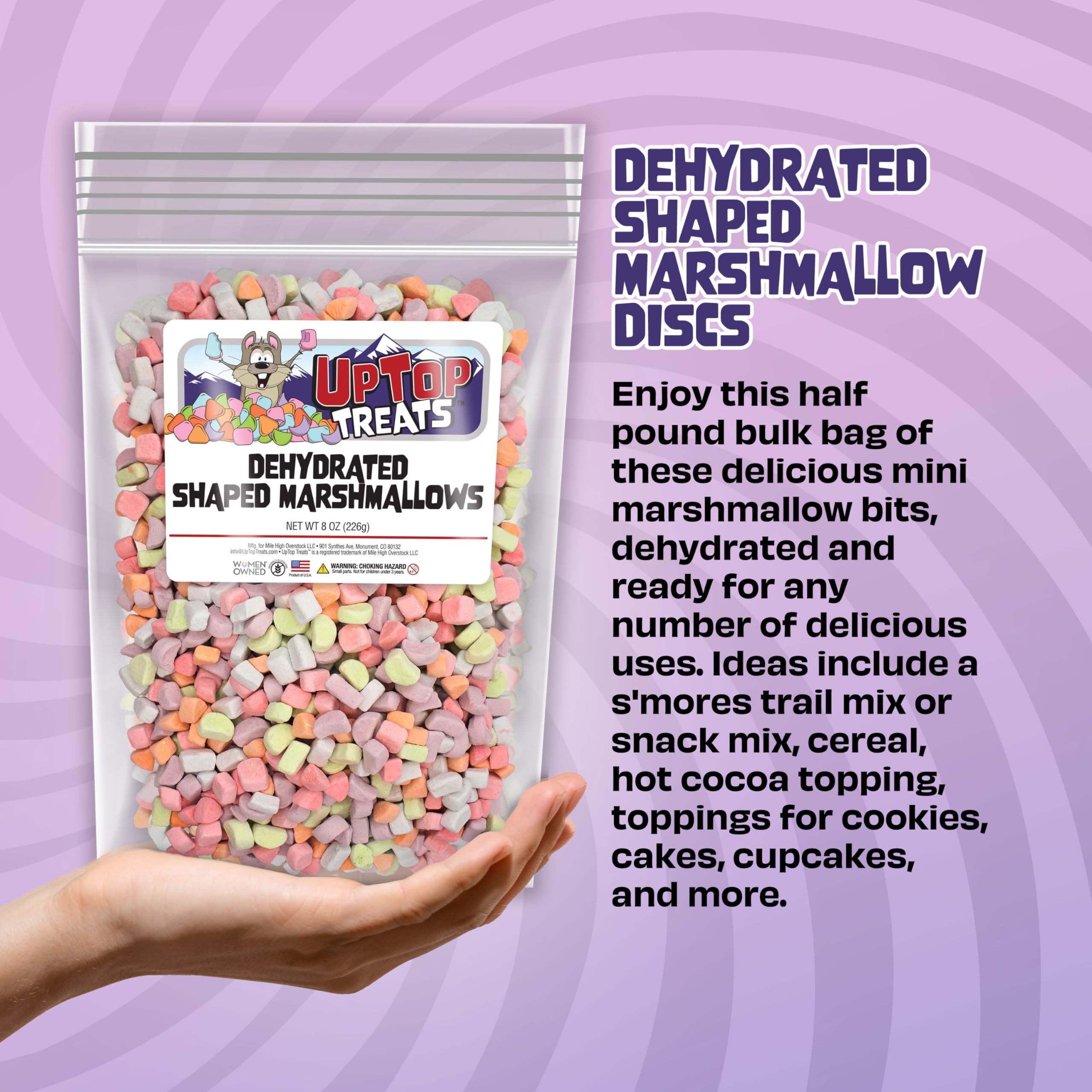 Fun Shapes & Colors - Vanilla Dehydrated Marshmallows | Half Pound Resealable Bulk Bag | For Hot Chocolate, Cereal, Ice Cream Topping, or Plain - (8oz Bag)